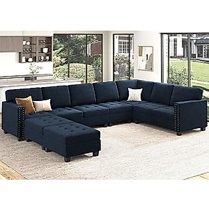 HONBAY Velvet Convertible Sectional Sofa with Storage Ottoman Oversized U Shaped Couch with Reversible Chaise Corner Sectional Sofa, Dark Blue
