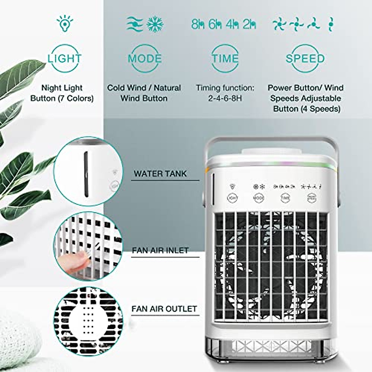 Portable Air Conditioner Fan 4 in1- Desktop Cooling fan with 4 Wind Speed & 2 Spray Modes, 7 Colors LED Light & 2-8H Timer, 700ml Large Watertank High-Efficiency Cooling Fan for Room Office Bedroom Couch Dining Table, Portable USB Power Bank Notebook Powe
