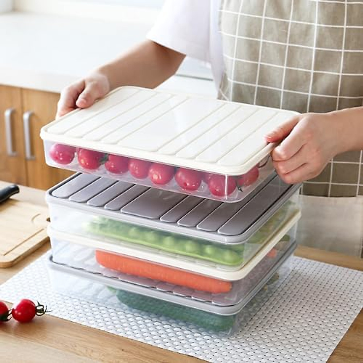Cabilock 2pcs Food Storage Containers, Plastic Refrigerator Crispers with Lid, Stackable Vegetable Organizer for Kitchen, Freezer Organizer Bins, White (Large+Small)