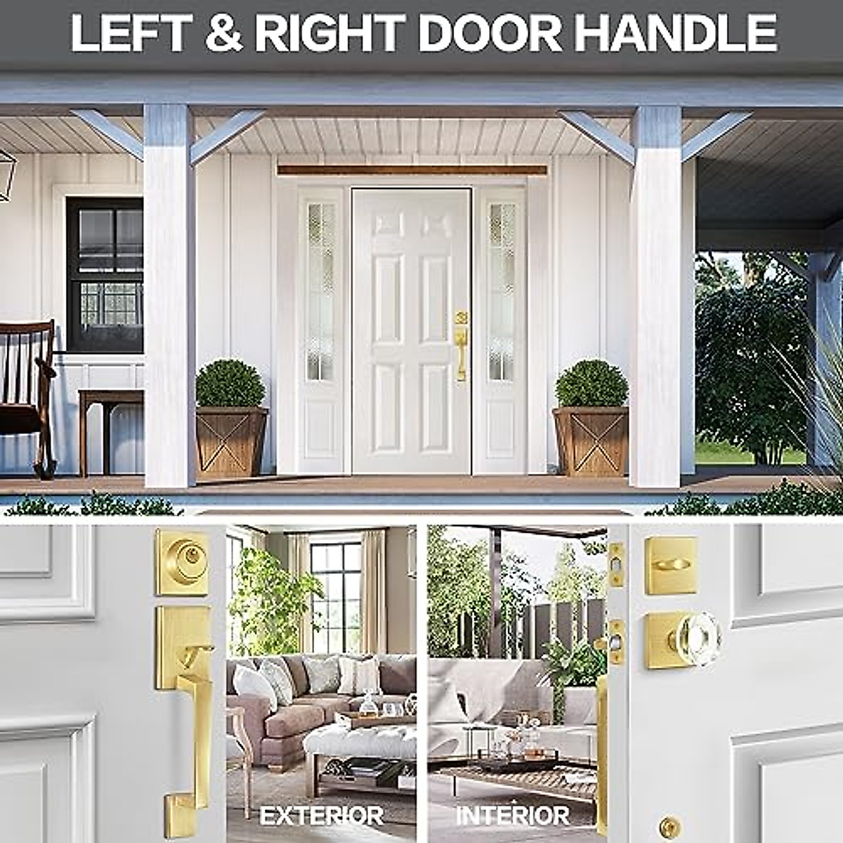 BonKuDoo Satin Brass Front Door Handle and Single Cylinder Deadbolt, Front Door Lock Set, Gold Entry Door Handle Set with Glass Door Knobs