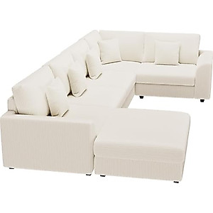 Modular Sectional Sofa, Oversized U Shaped Couch, Convertible Sleeper Sofa, 6 Seat Sofa with Chaise, Deep Seat Comfy Cloud Couch with Ottoman and Five Pillows for Living Room, Corduroy, Beige