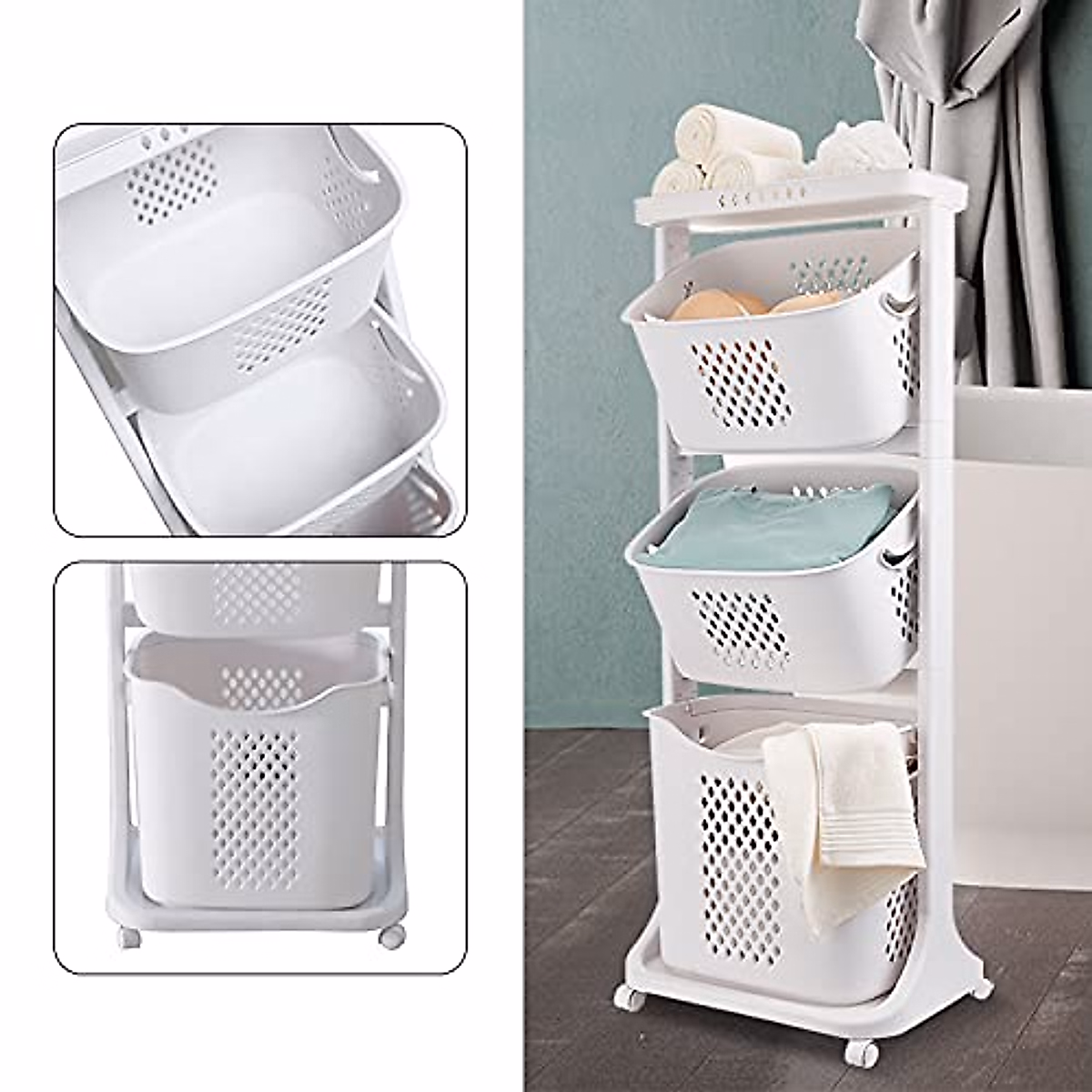 3 Tier Laundry Hamper Basket, Laundry Storage Basket Sorter Clothes Storage Organizer Shelf Rolling Cart 360° Rolling Laundry Storage Basket Dirty Clothes Organizer Shelves Beige