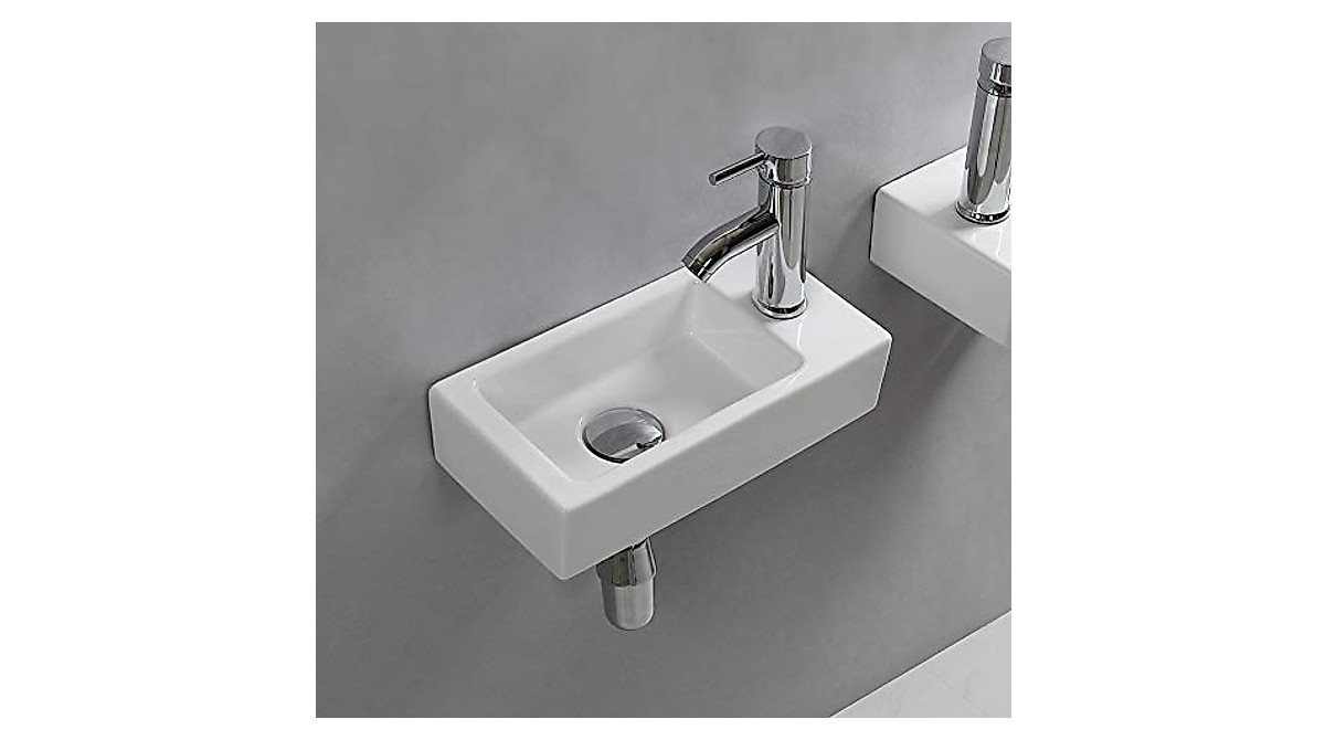 Wall Hung Small Bathroom Sink - Compact Rectangular Ceramic Wash Basin