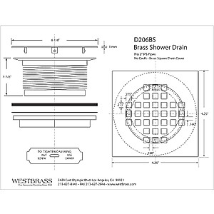 Westbrass D206BS-62 4-1/4" Square Grate Shower Drain Cover with 2" Brass Drain Pipe, Matte Black