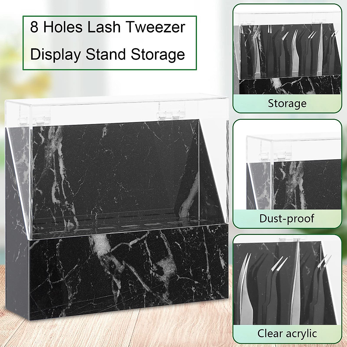 LXIANGN 8 Holes Dust-proof Eyelash Tweezers Holder Case Acrylic Marble Tweezer Stand Display Organizer with Cover for Lash Extensions (black)