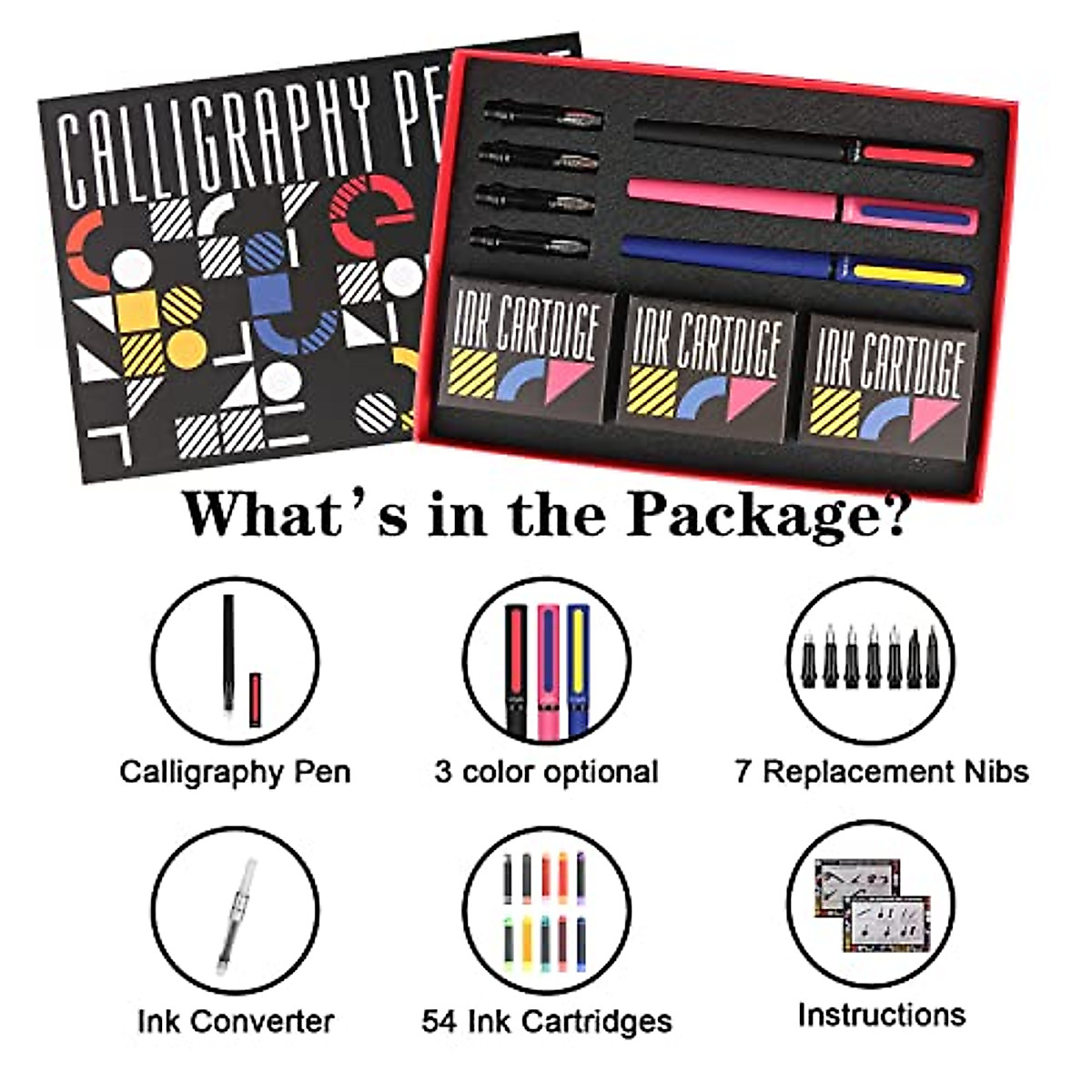 GC QUILL Calligraphy Pens Set 64pcs - Calligraphy Fountain Pen Set with 3 Fountain Pens, 7 Varied Nibs, 54 Ink Cartridges(10 Colors) - Writing, Drawing and Calligraphy Practice for beginner GC-F354