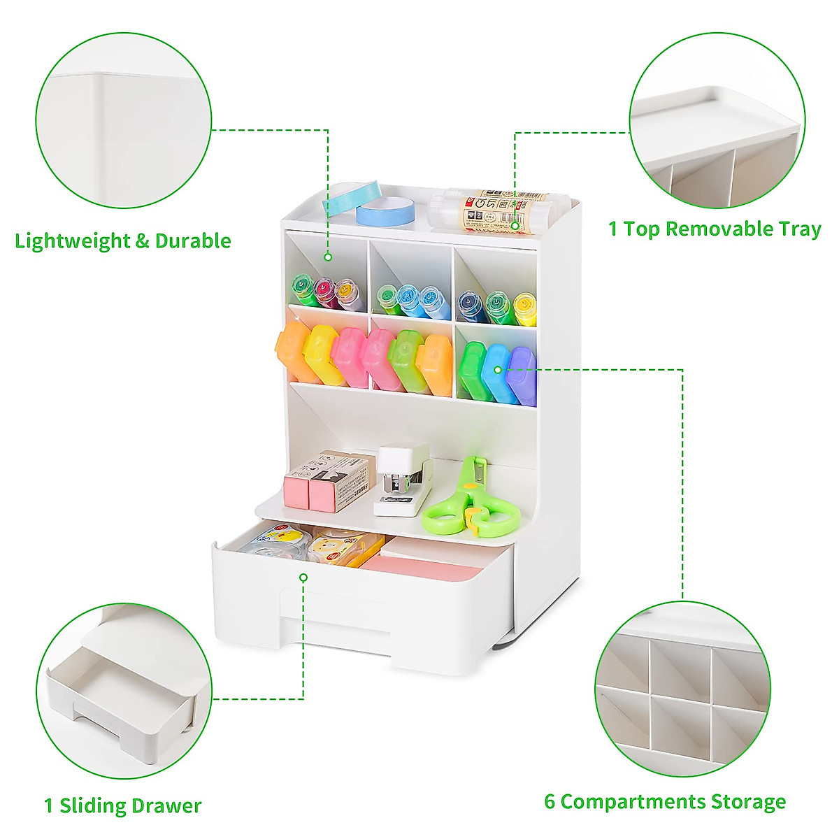 Marbrasse Desk Organizer with Drawer, Pen Organizer for Desk, Multi-Functional Pencil Holder, Desktop Stationary Organizer, Storage for School Home Office Art Supplies (White Pen Holder with Drawer)