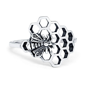 Blue Apple Co. Sterling Silver Size-9 Bee and Honeycomb Ring Band Oxidized 925 Sterling Silver
