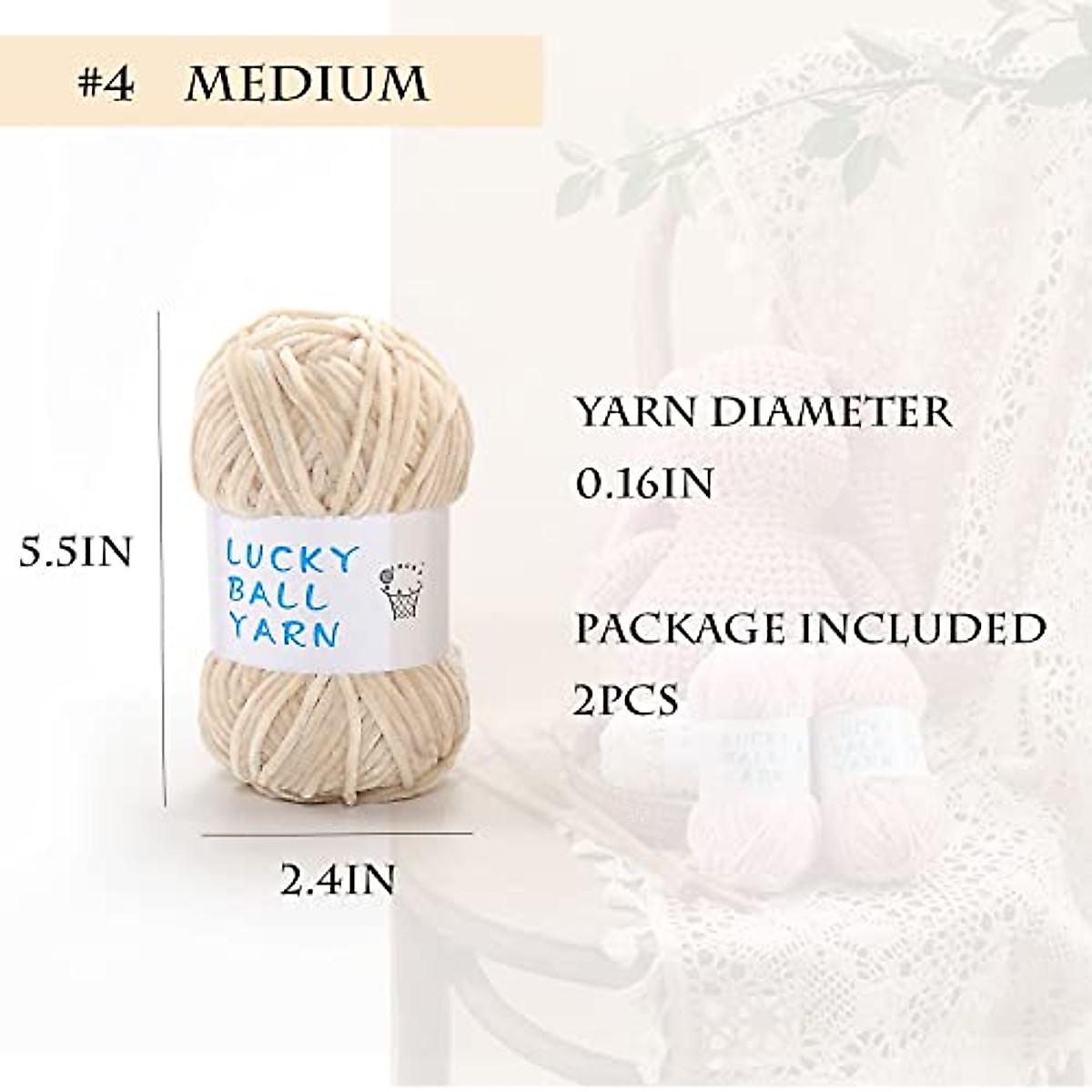 2PCS Soft Chenille Yarn Blanket Yarn,Velvet Yarn for Knitting,Fancy Yarn for Crochet,Crochet Yarn for Sweater/Hat/Blankets/DIY Craft(Beige)