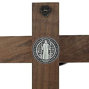 Wooden Wall Cross with Saint Benedict Medal | Beautiful Silver-Tone Jesus | Solid Dark Stained Wood | Ready to Hang on Wall | Great Gift for Baptism, New Home, Weddings | Made in Italy