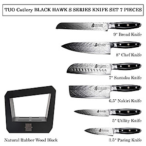 TUO Knife Set - Kitchen Knife Set with Wooden Block 7 pieces - G10 Full Tang Ergonomic Handle - BLACK HAWK S SERIES with Gift Box