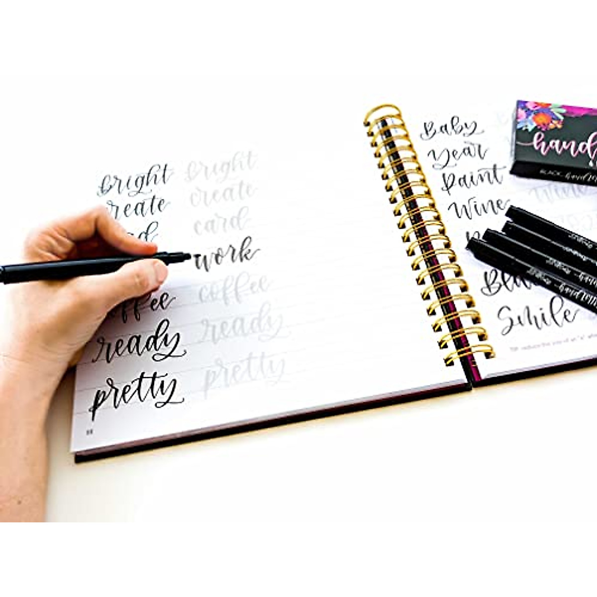 June & Lucy Brush Pens - Calligraphy Pens for Journaling with Black Pen Brush Ink 6 Piece Modern Hand Lettering and Modern Calligraphy Set for Beginners, Brush Pens & Markers with Felt Tip
