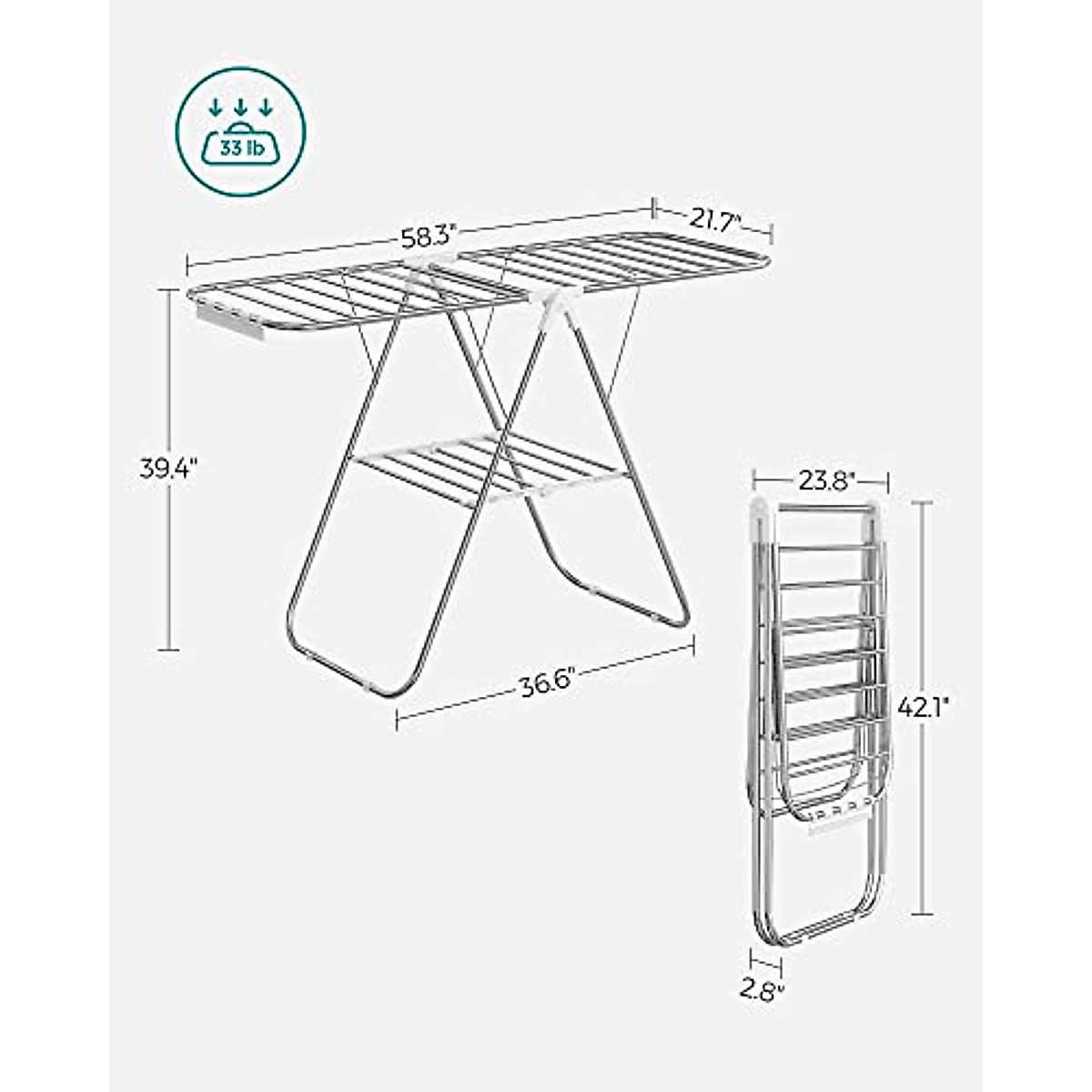 SONGMICS Clothes Drying Rack, with Sock Clips, Metal Laundry Rack, Foldable, Space-Saving, Free-Standing Airer, with Height-Adjustable Gullwings, Indoor Outdoor Use, Silver and White ULLR052W01