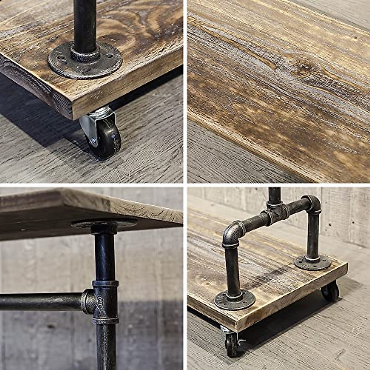 JIANZHUO Industrial Pipe Clothing Rack on Wheels,Retail Display Clothing Racks with Shelves,Vintage Rolling Rack for Hanging Clothes,Wooden Garment Rack with Wheels,Heavy Duty Clothes Rack Cloths