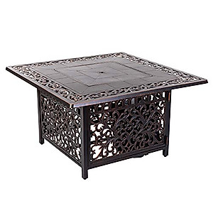 Fire Sense 62527 Sedona Aluminum Convertible Gas Fire Pit Table 55,000 BTU Outdoor Multi-Functional Fire Pit with Fire Bowl Lid, Nylon Weather Cover & Clear Fire Glass - Bronze Finish - Square