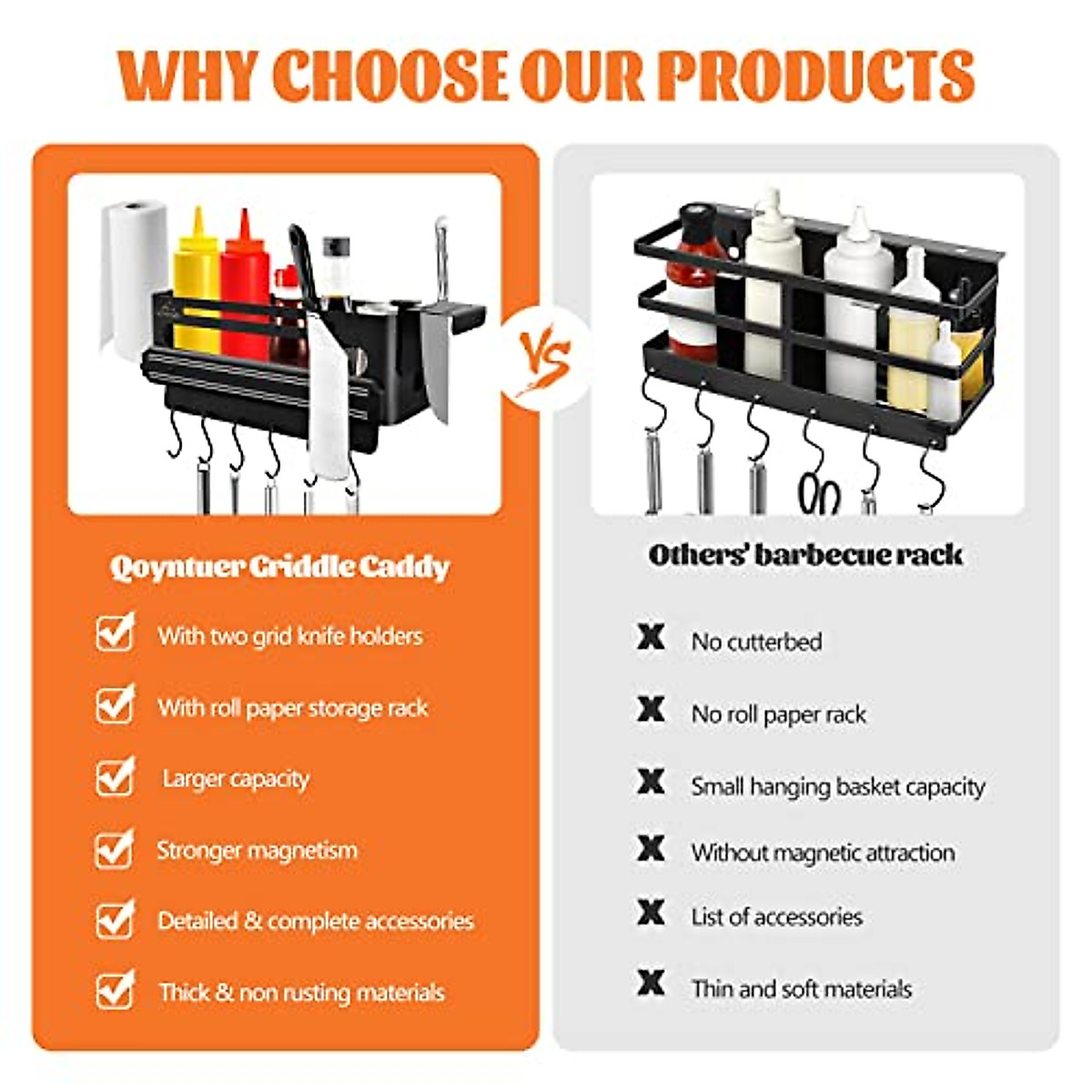 Qoyntuer Griddle Caddy for 28"/36" Blackstone Griddles/Prep Cart Accessories, Grill Caddy Space Saving BBQ Accessories Storage Box with Magnetic Tool Holder/Paper Tower/Knife Shelf/6 S-Hooks