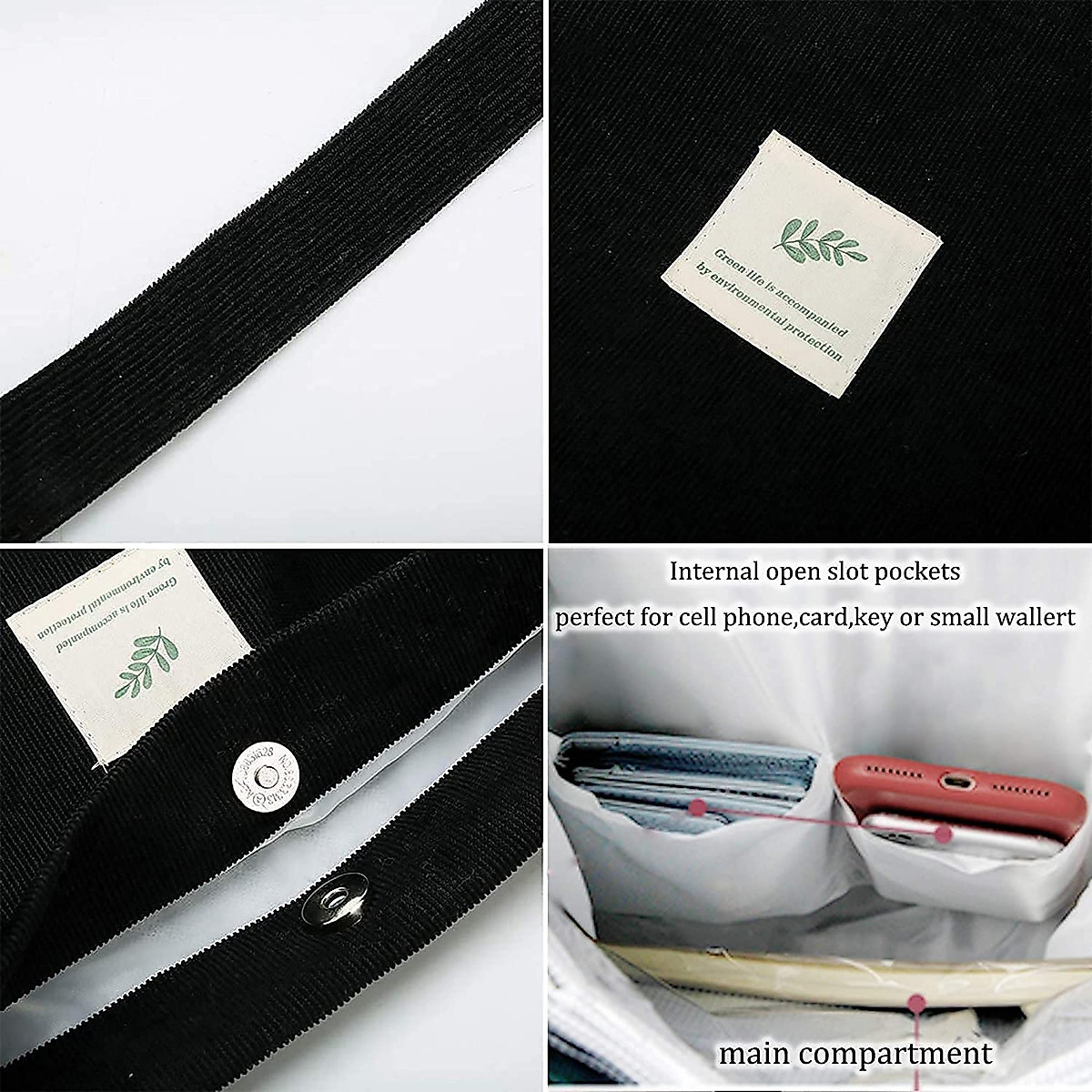 TCHH-DayUp Corduroy Tote Bag for Women Girl Canvas Handbags Shoulder Purse (Black) Medium