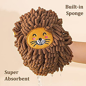 2 Pack Hanging Hand Towels Funny Cute Chenille Hand Bath Towel Microfiber Super Absorbent Quick Dry Fuzzy Ball Towel with Loop for Kitchen Bathroom Home Decorative (Lion)