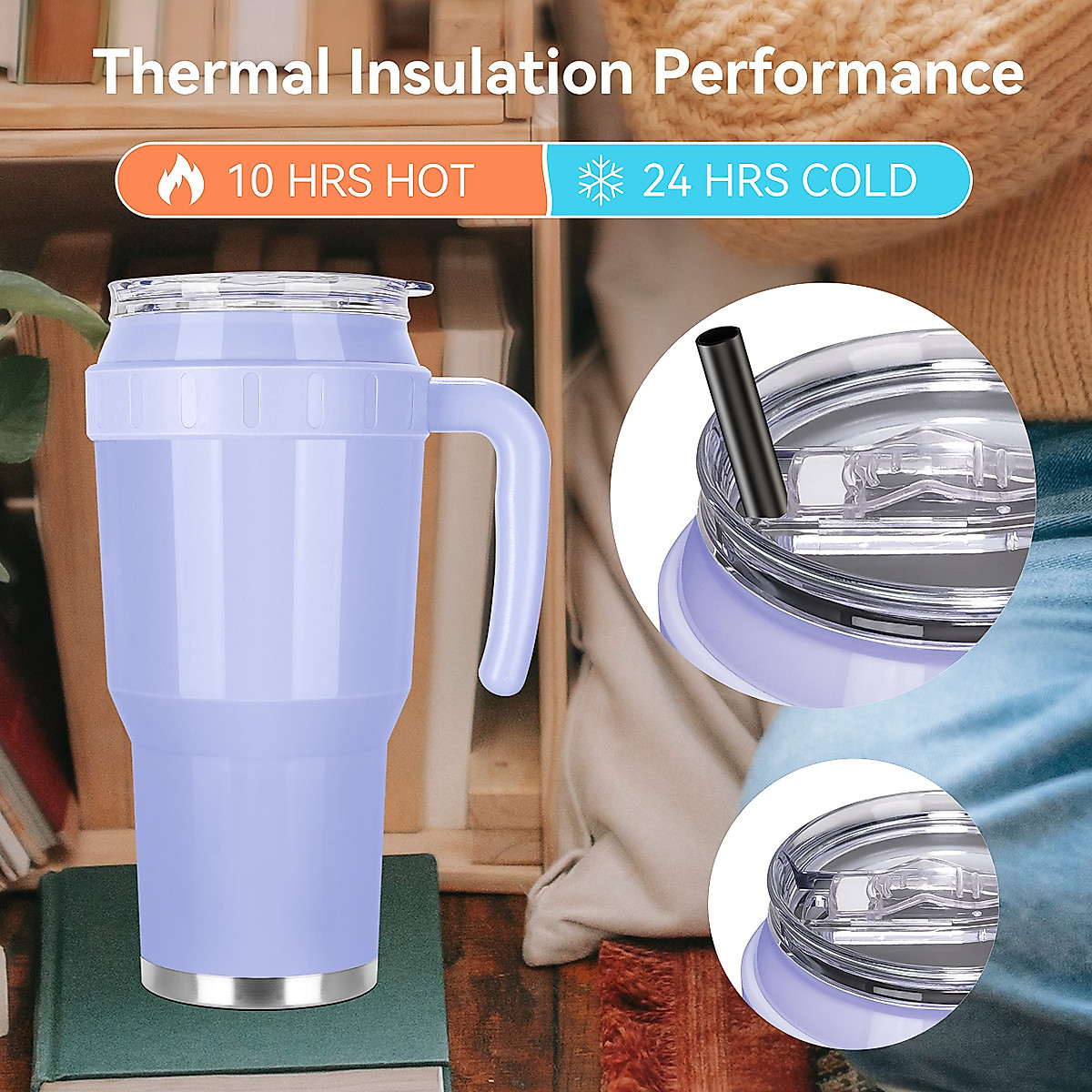 Rietore 40 oz Tumbler with Handle and Straw, Stainless Steel Tumblers Insulated Tumblers with Lids Double Wall Vacuum Coffee Travel Mug, Sweat Proof, Leak Proof, Glacier Blue