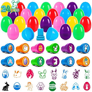 24PCS Easter Eggs + Stampers Egg Fillers, Basket Stuffers Plastic Surprise Perfect Hunt Party Favors Classroom Prize Supplies for Kids Boys Girls
