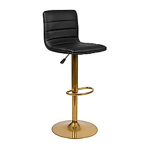 Flash Furniture Vincent Modern Black Vinyl Adjustable Bar Stool with Back, Counter Height Swivel Stool with Gold Pedestal Base, Set of 2