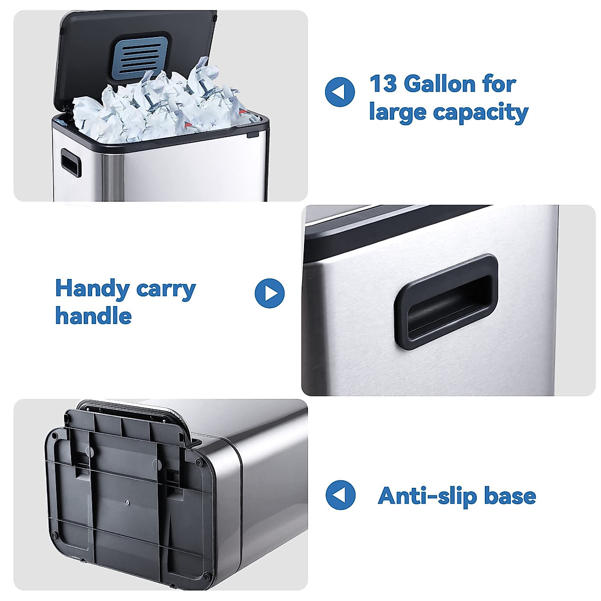 Kitchen Trash Can - ELPHECO - 13.2 Gallon Stainless Steel Garbage Bin with Soft Slow Lid, 50 Liter Pedal Trash Can, Durable Pedal, Removable Plastic Inner Bucket Waste Bin for Office, Kitchen, White