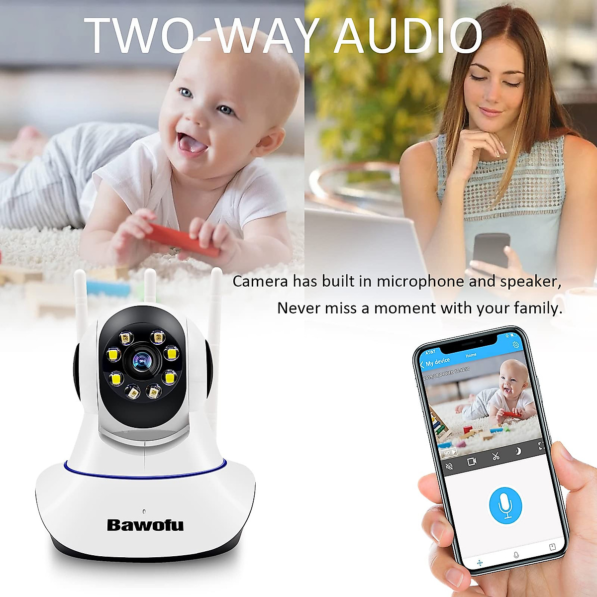Bawofu IP Security Camera with 2 Way Audio 1080P Home Wireless Indoor, Support 2X Magnification & Free Motion Alerts Night Vision for Pet/Nanny Compatible SD Card up to 128G