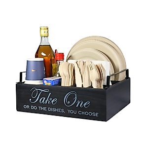 Rehuei Paper Plate Holder Utensil Caddy Organizer - Rustic Wood Disposable Plate Dispenser with Handles for Cups, Forks, Spoons, Napkins and Silverware Holders (handle paper plate holder)