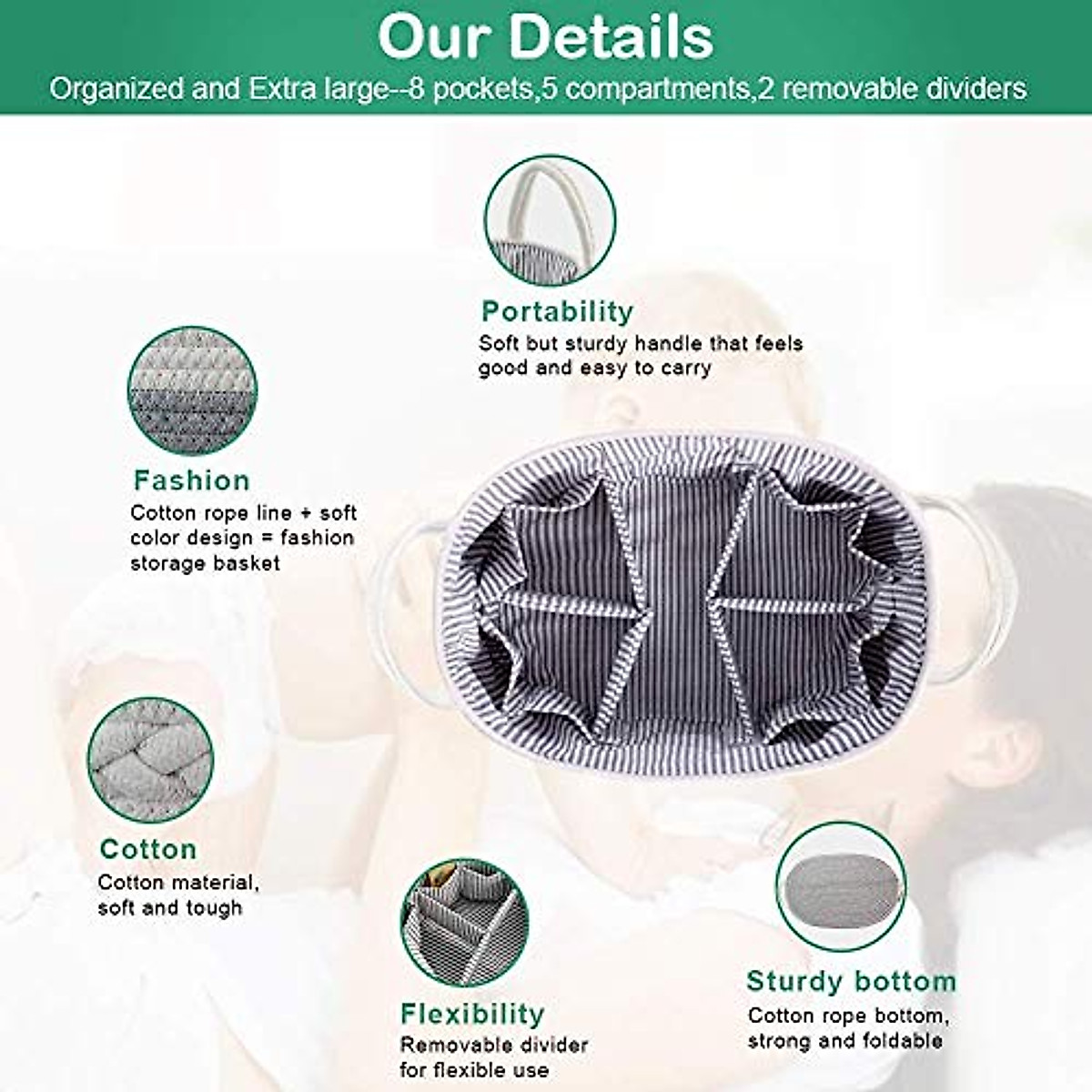 Lzellah Baby Diaper Caddy Organizer - Extra Large Nappy Caddy Rope Nursery Storage Bin - Baby Basket with 8 Pockets, 5 Compartments and 2 Removable Dividers