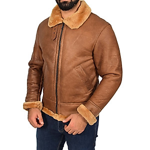 A1 FASHION GOODS Real Sheepskin Flying Jacket Vintage Tan Shearling Bomber Authentic Aviator Coat Tornado (Large)