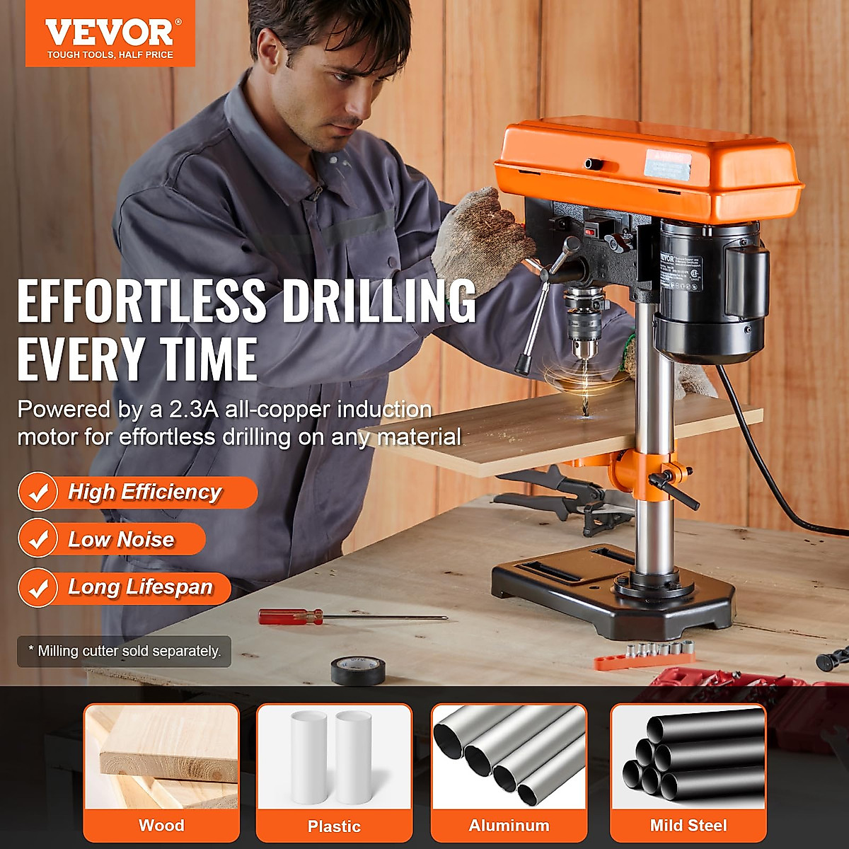 VEVOR 8 in Benchtop Drill Press, 2.3A Induction Motor, Tabletop Drilling Machine with 750/1140 / 1740/2340 / 3200 RPM Adjustable Speed, 0-45° Tilting Worktable, LED Work Light, for Wood Metal
