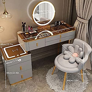 ENWEGEY Vanity Desk with Mirror and Lights, Makeup Vanity Table with Charging Station and Bluetooth Speaker, Dressing Table with USB Ports, Drawers and Chair, for Bedroom-Grey Gold (80cm/31.5in)
