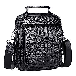 PIJUSHI Crocodile Leather Crossbody Bag for Men Genuine Leather Small Messenger Bag Shoulder Bag(PE002 Black)