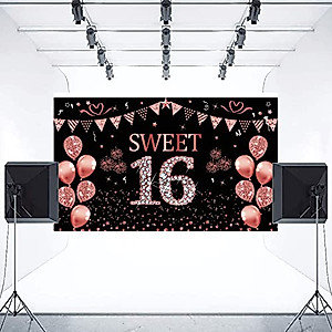 Trgowaul Sweet 16 Birthday Decorations for Girls,Rose Gold Sweet 16 Photo Backdrop Banner, Sixteen Birthday Party Sign Photography Supplies, Pink Sweet 16 Decorations Poster Background Decor