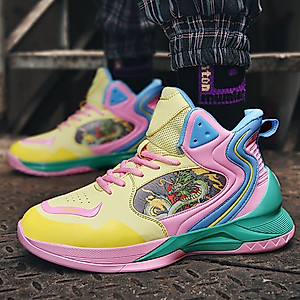 MAUGELY Men's High Top Sneakers Breathable Basketball Non Slip Student Youth Sports Leisure Shoes Pink 8/6.5 US