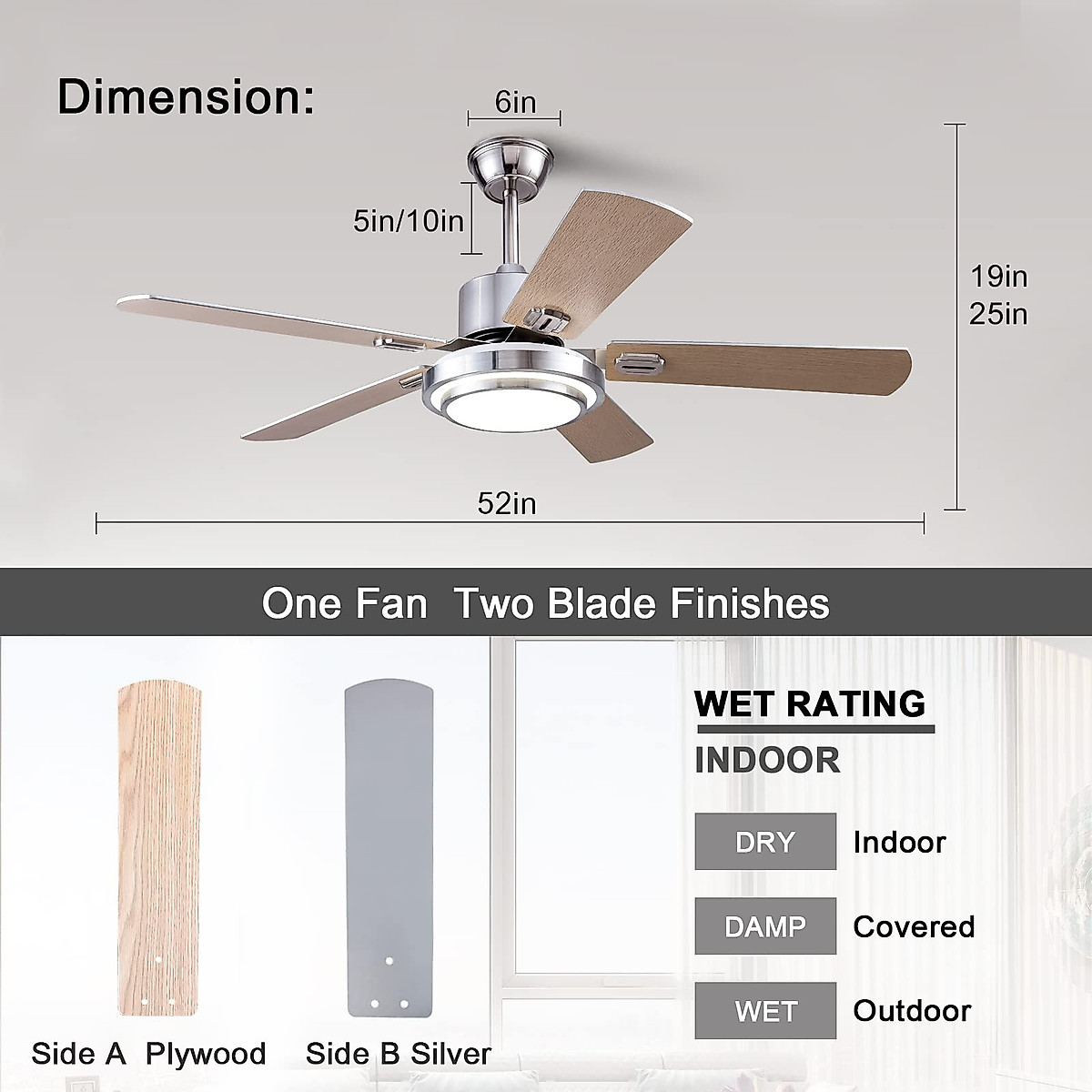 BOOMJOY 52 Inch Ceiling Fans with Lights and Remote Control Outdoor Modern Black Ceiling Fan LED Bright Light for Indoor Living Room Bedroom Farmhouse Patios Garage Gazebo DC Motor Dual 5 Wood Blades