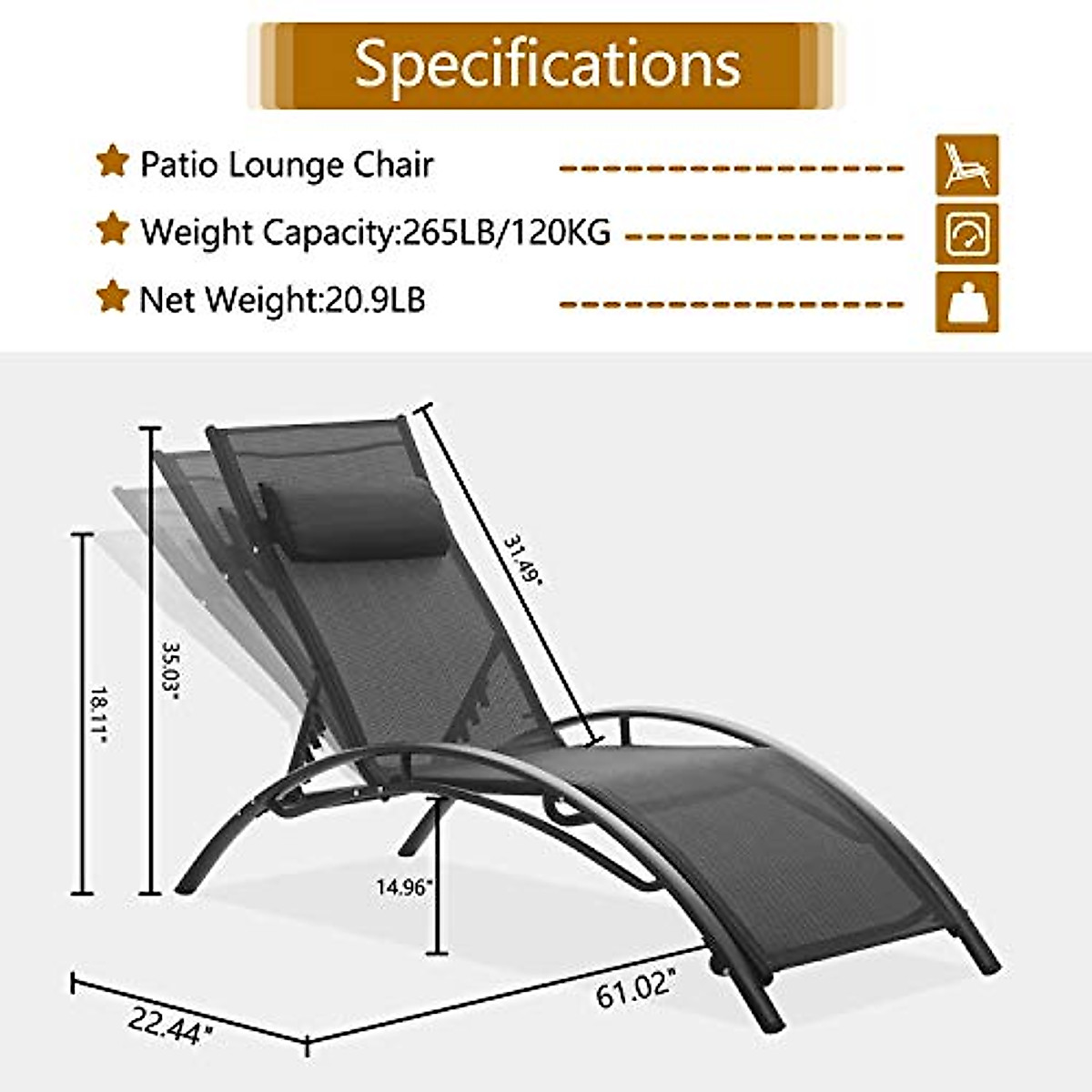 Patio Lounge Chairs Outdoor Pool Chaise Lounges Adjustable for All Weather for Beach Backyard（2-Pack Black