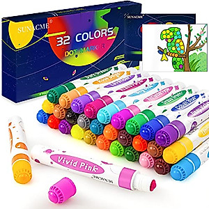 sunacme Washable Dot Markers, 32 Colors Bingo Daubers for Toddlers Kids Preschool, Dot Markers with Free 16 Pages Activity Book for Arts and Crafts Supplies. Non Toxic Water-Based Paint Art Markers