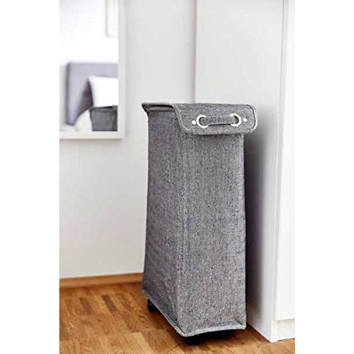 WENKO Slim Laundry Basket with Wheels, Thin Laundry Hamper, Rolling Laundry Bin with Lid, Space Saving Narrow Laundry Hamper for dirty Clothes Storage, 23.6 x 15.8 x 7.3 in, Gray