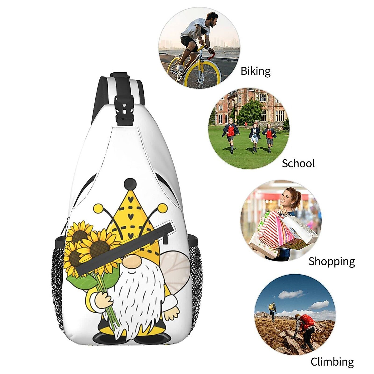 SUPLUCHOM Sling Bag Sunflower Gnomes Bee Farmhouse Hiking Daypack Crossbody Shoulder Backpack Travel Chest Pack for Men Women