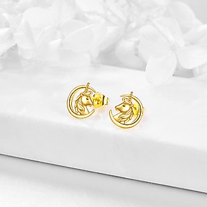 KECHO 14k Gold Unicorn Earrings Solid Gold Animal Moon Stud Earrings for Women Real Gold Jewelry Gifts for Her