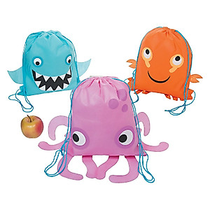 Fun Express Sea life Ocean Reusable Drawstring Bags (set of 12) Shark, Octopus and Crab - VBS Vacation Bible School Supplies/Decor