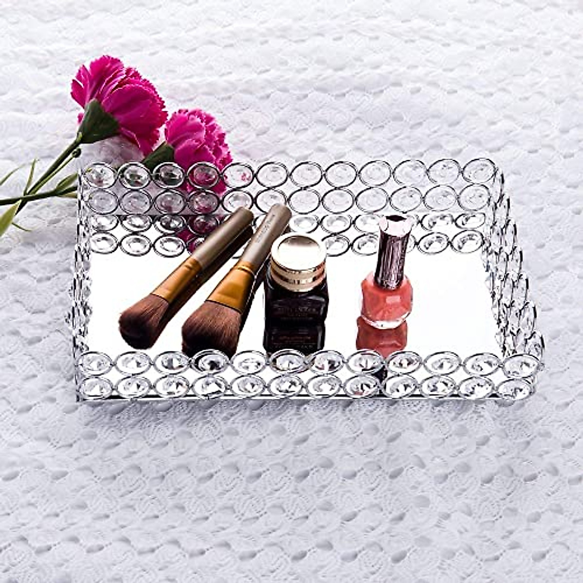 Feyarl 10 Inch Crystal Cosmetic Tray Rectangle Vanity Tray Makeup Jewelry Trinket Organizer Mirror Decorative Tray Perfume Skin Care Organizer Christmas Party Coffee Table(Silver)