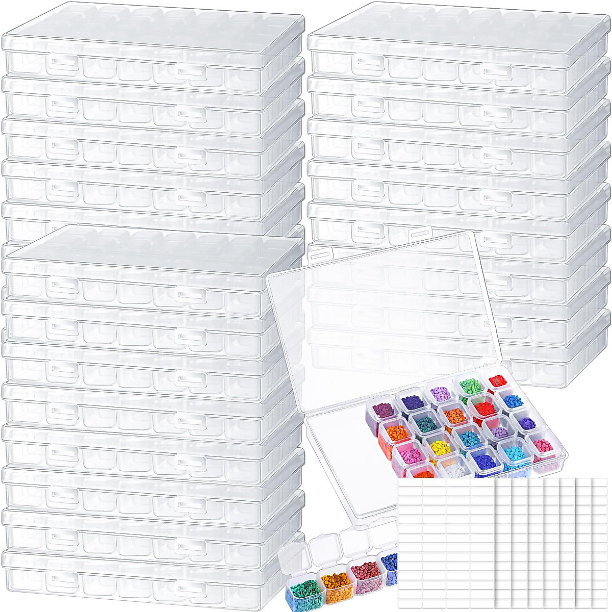Ripeng 24 Pack 672 Slots Diamond Painting Storage Containers Bulk, 28 Grids Bead Organizer Box Diamond Painting Accessories Boxes Diamond Art Embroidery Storage with 960 Label Stickers