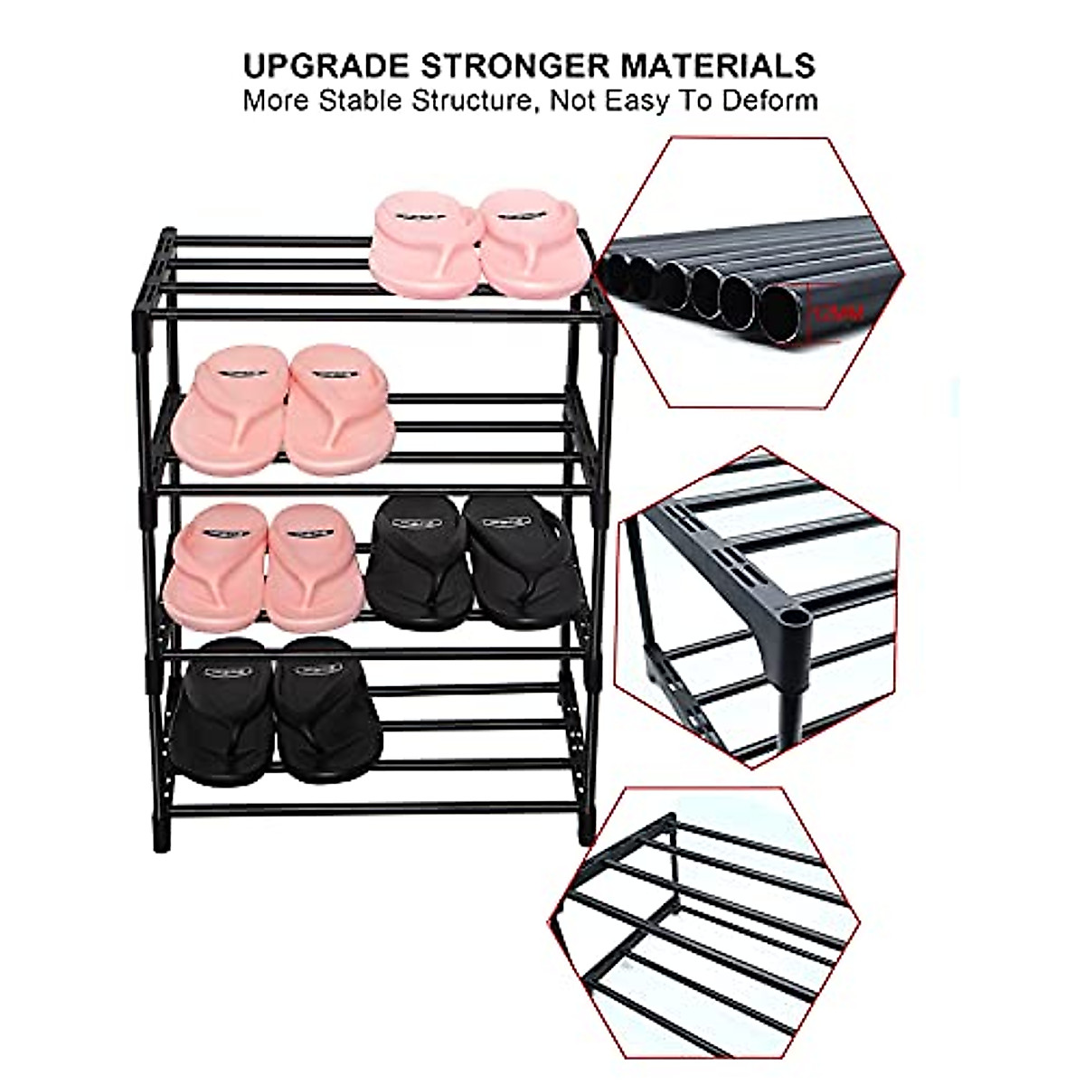 LNYZQUS Upgrade 4-Tier Small Shoe Rack, Metal Stackable Kids Shoe Shelf Storage Shoe Stand Organizer for Closet Entryway Hallway,Zapateras Organizer for Shoes(Black)