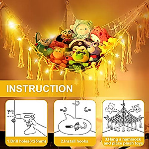 Auksay Stuffed Animal Net or Hammock with Star Light,Plush Toy Triangle Hanging Storage Net,Stuffed Animal Storage Stand with Hooks,Hanging Storage Net for Kids Room Decoration Girl Plush Toys-White