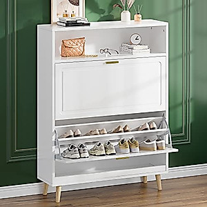 EnHomee Shoe Cabinet 24 Pair Shoe Cabinet for Entryway Slim Entryway Shoe Storage Cabinet with 2 Flip Drawers Size up to Men's 13 Narrow Shoe Cabinet Hidden Shoe Cabinet with Doors Open Shelves