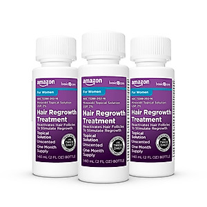 Amazon Basic Care Minoxidil Topical Solution USP, 2% Hair Regrowth Treatment for Women, 3-Month Supply, Unscented, 2 fl oz (Pack of 3)