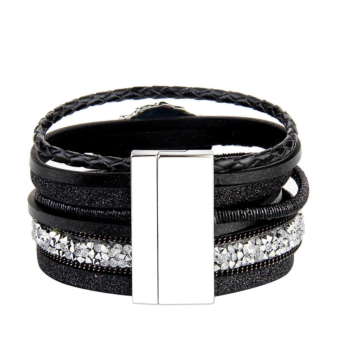 AZORA Leather Cuff Bracelet Multi Rope Wrap Bangle with Pearl Metallic Heart Cuffs Bracelets for Women (Black-cuff bangle bracelets)