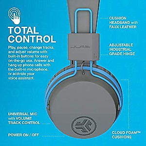 JLab JBuddies Studio Bluetooth On-Ear Kids Headphones | 13 Hour Battery Life | Studio Volume Safe | Volume Limiter | Folding | Adjustable | Noise Isolation | with Mic | Gray/Blue